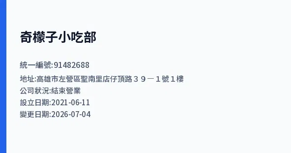 奇檬子小吃部的照片-統編 91482688(高雄市) 公司登記資料與營業項目詳細圖表