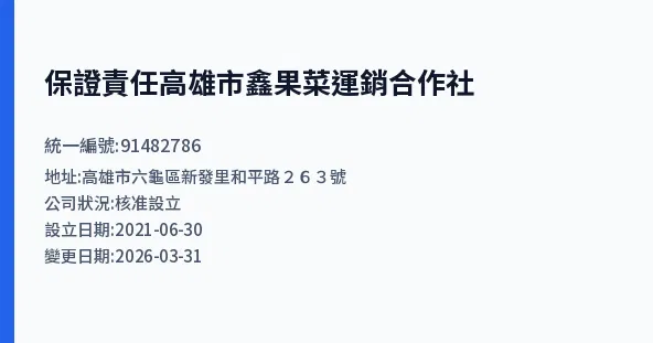 保證責任高雄市鑫果菜運銷合作社的照片-統編 91482786(高雄市) 公司登記資料與營業項目詳細圖表