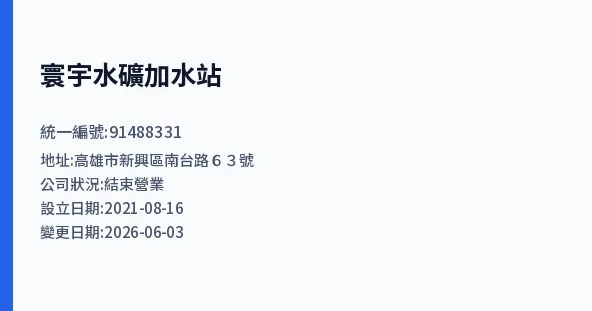 寰宇水礦加水站的照片-統編 91488331(高雄市) 公司登記資料與營業項目詳細圖表