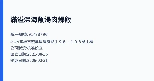 滿溢深海魚湯肉燥飯的照片-統編 91488796(高雄市) 公司登記資料與營業項目詳細圖表