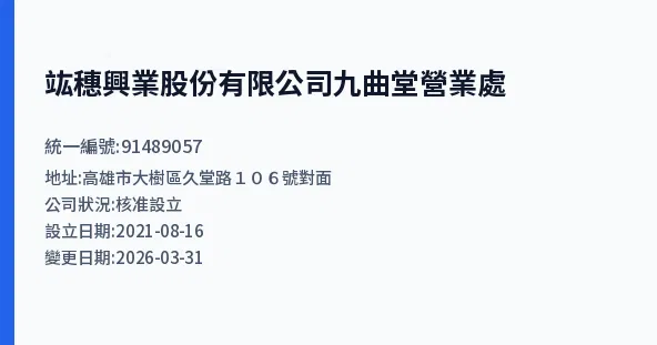 竑穗興業股份有限公司九曲堂營業處的照片-統編 91489057(高雄市) 公司登記資料與營業項目詳細圖表