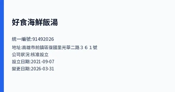好食海鮮飯湯的照片-統編 91492026(高雄市) 公司登記資料與營業項目詳細圖表