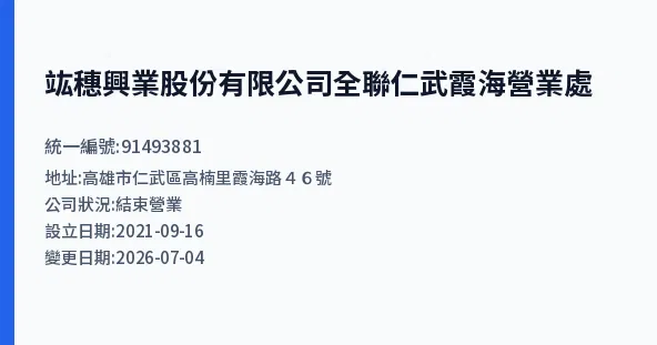竑穗興業股份有限公司全聯仁武霞海營業處的照片-統編 91493881(高雄市) 公司登記資料與營業項目詳細圖表