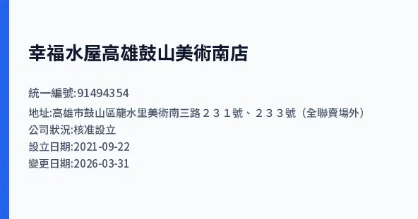 幸福水屋高雄鼓山美術南店的照片-統編 91494354(高雄市) 公司登記資料與營業項目詳細圖表