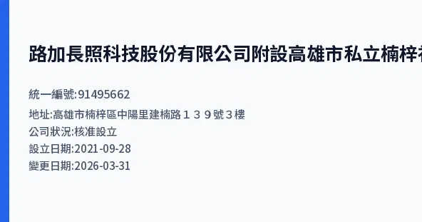 路加長照科技股份有限公司附設高雄市私立楠梓社區(小規模多機能)長照機構的照片-統編 91495662(高雄市) 公司登記資料與營業項目詳細圖表