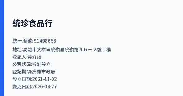 統珍食品行的照片-統編 91498653(高雄市) 公司登記資料與營業項目詳細圖表