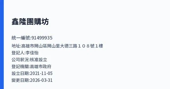 鑫隆團購坊的照片-統編 91499935(高雄市) 公司登記資料與營業項目詳細圖表