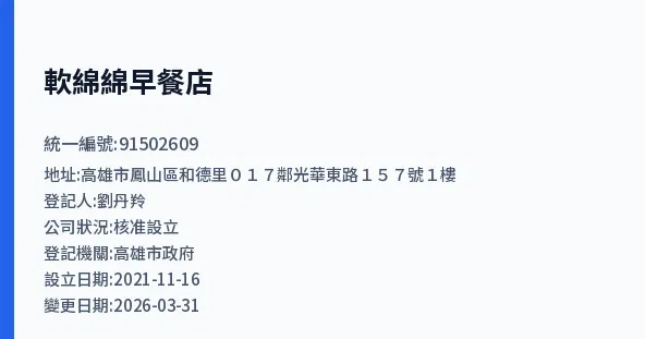 軟綿綿早餐店的照片-統編 91502609(高雄市) 公司登記資料與營業項目詳細圖表