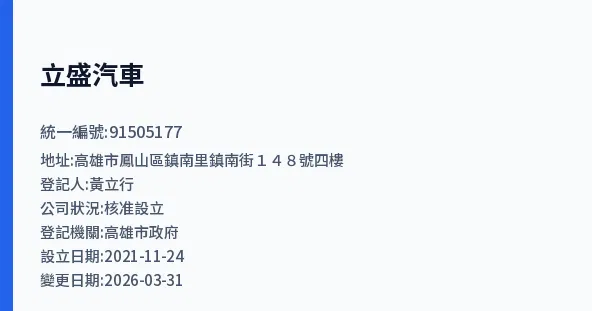立盛汽車的照片-統編 91505177(高雄市) 公司登記資料與營業項目詳細圖表