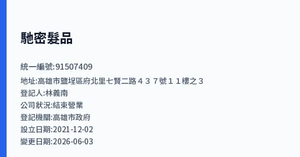 馳密髮品的照片-統編 91507409(高雄市) 公司登記資料與營業項目詳細圖表