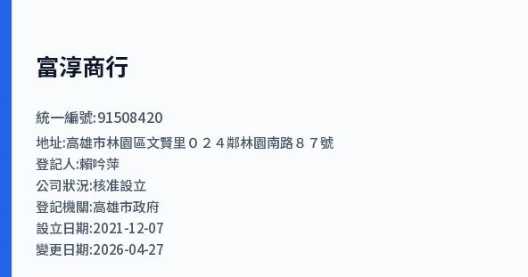 富淳商行的照片-統編 91508420(高雄市) 公司登記資料與營業項目詳細圖表