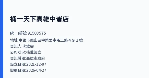 桶一天下高雄中崙店的照片-統編 91508575(高雄市) 公司登記資料與營業項目詳細圖表