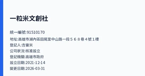 一粒米文創社的照片-統編 91510170(高雄市) 公司登記資料與營業項目詳細圖表