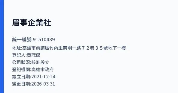 眉事企業社的照片-統編 91510489(高雄市) 公司登記資料與營業項目詳細圖表
