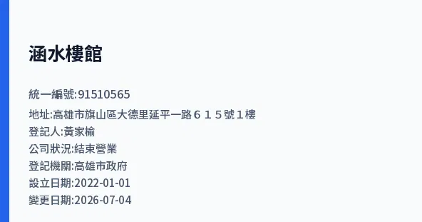 涵水樓館的照片-統編 91510565(高雄市) 公司登記資料與營業項目詳細圖表