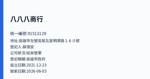 八八八商行的照片-統編 91513129(高雄市) 公司登記資料與營業項目詳細圖表