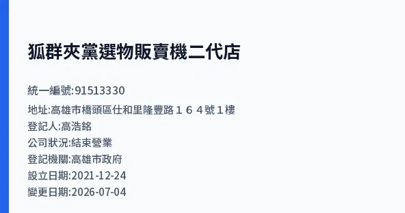 狐群夾黨選物販賣機二代店的照片-統編 91513330(高雄市) 公司登記資料與營業項目詳細圖表