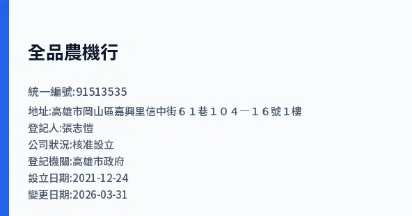 全品農機行的照片-統編 91513535(高雄市) 公司登記資料與營業項目詳細圖表