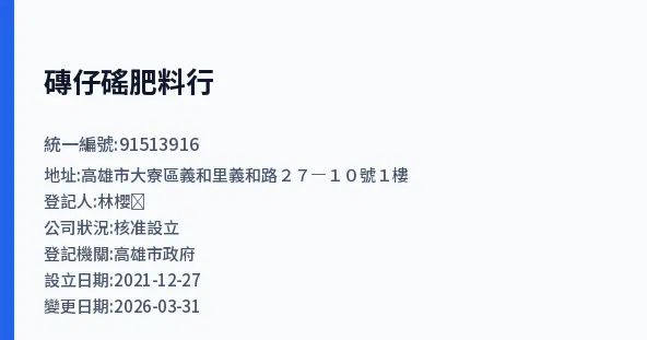 磚仔磘肥料行的照片-統編 91513916(高雄市) 公司登記資料與營業項目詳細圖表