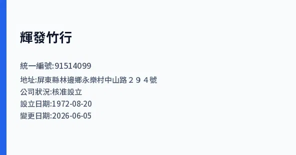 輝發竹行的照片-統編 91514099(屏東縣) 公司登記資料與營業項目詳細圖表