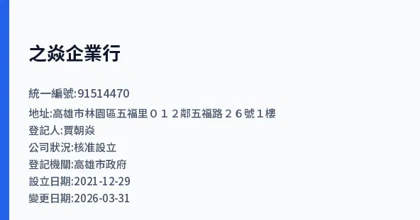 之焱企業行的照片-統編 91514470(高雄市) 公司登記資料與營業項目詳細圖表