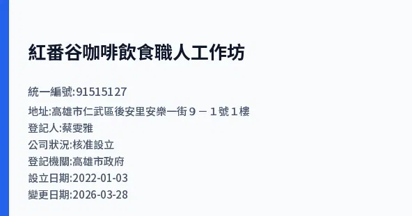 紅番谷咖啡飲食職人工作坊的照片-統編 91515127(高雄市) 公司登記資料與營業項目詳細圖表