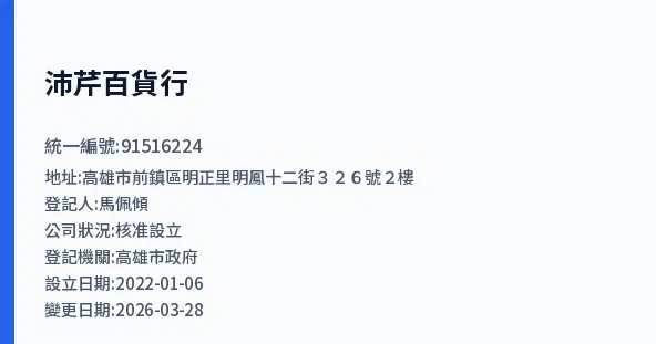 沛芹百貨行的照片-統編 91516224(高雄市) 公司登記資料與營業項目詳細圖表