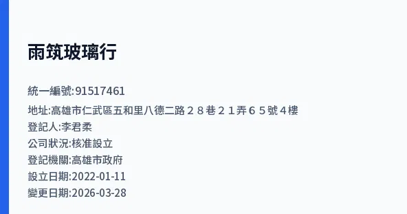 雨筑玻璃行的照片-統編 91517461(高雄市) 公司登記資料與營業項目詳細圖表