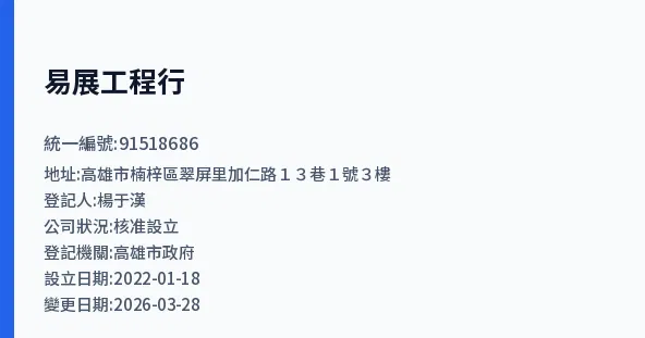 易展工程行的照片-統編 91518686(高雄市) 公司登記資料與營業項目詳細圖表