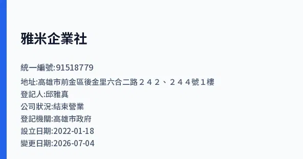 雅米企業社的照片-統編 91518779(高雄市) 公司登記資料與營業項目詳細圖表