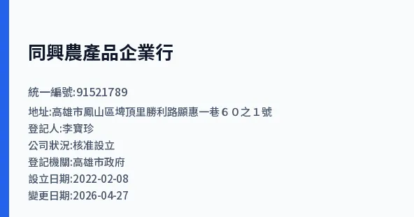 同興農產品企業行的照片-統編 91521789(高雄市) 公司登記資料與營業項目詳細圖表