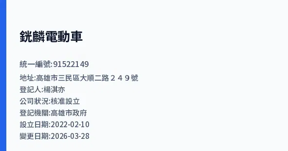 銧麟電動車的照片-統編 91522149(高雄市) 公司登記資料與營業項目詳細圖表