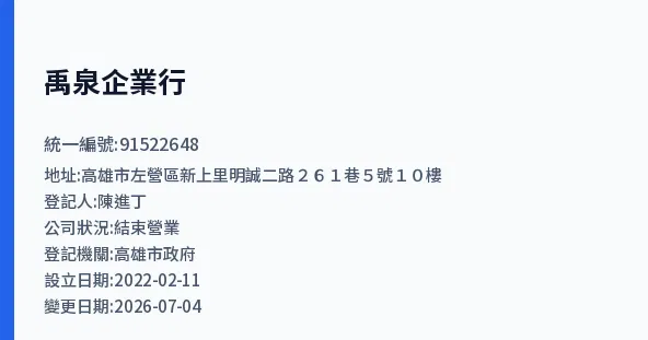 禹泉企業行的照片-統編 91522648(高雄市) 公司登記資料與營業項目詳細圖表