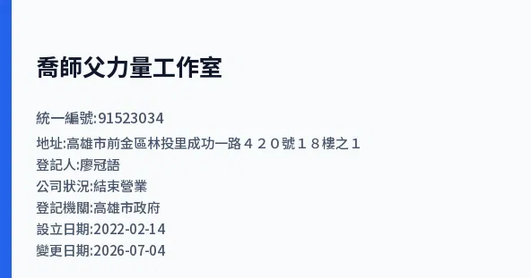 喬師父力量工作室的照片-統編 91523034(高雄市) 公司登記資料與營業項目詳細圖表