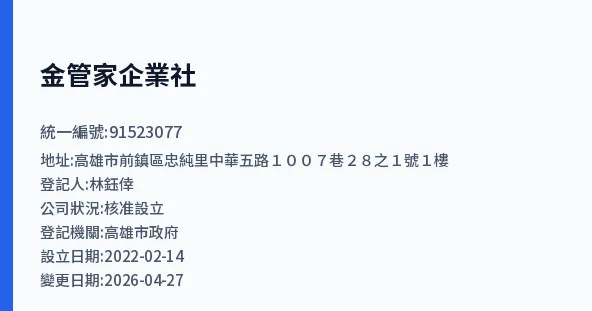 金管家企業社的照片-統編 91523077(高雄市) 公司登記資料與營業項目詳細圖表