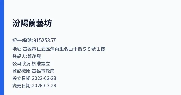汾陽蘭藝坊的照片-統編 91525357(高雄市) 公司登記資料與營業項目詳細圖表