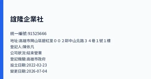 誼隆企業社的照片-統編 91525666(高雄市) 公司登記資料與營業項目詳細圖表