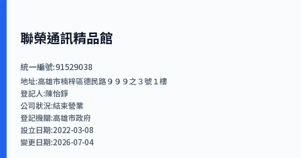 聯榮通訊精品館的照片-統編 91529038(高雄市) 公司登記資料與營業項目詳細圖表