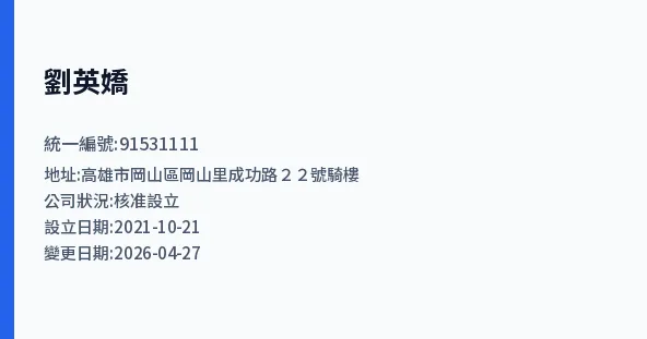 劉英嬌的照片-統編 91531111(高雄市) 公司登記資料與營業項目詳細圖表
