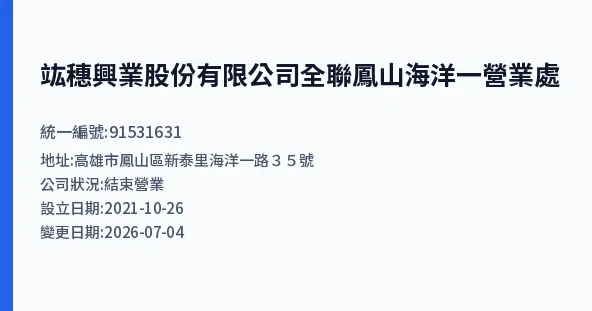 竑穗興業股份有限公司全聯鳳山海洋一營業處的照片-統編 91531631(高雄市) 公司登記資料與營業項目詳細圖表