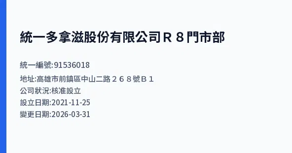 統一多拿滋股份有限公司R8門市部的照片-統編 91536018(高雄市) 公司登記資料與營業項目詳細圖表