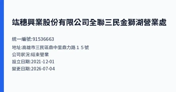 竑穗興業股份有限公司全聯三民金獅湖營業處的照片-統編 91536663(高雄市) 公司登記資料與營業項目詳細圖表