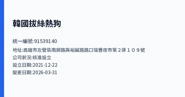 韓國拔絲熱狗的照片-統編 91539140(高雄市) 公司登記資料與營業項目詳細圖表