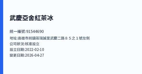 武慶亞舍紅茶冰的照片-統編 91544690(高雄市) 公司登記資料與營業項目詳細圖表