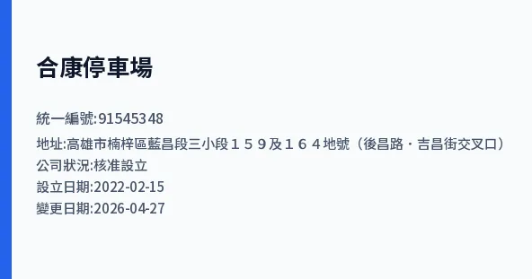 合康停車場的照片-統編 91545348(高雄市) 公司登記資料與營業項目詳細圖表