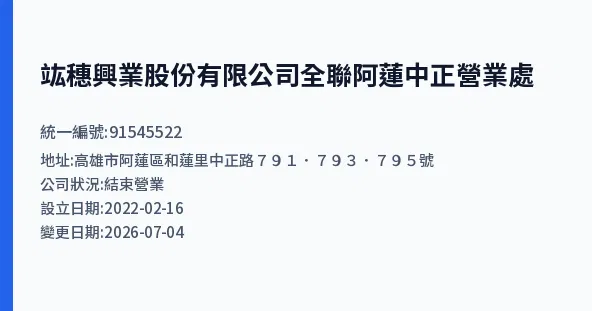 竑穗興業股份有限公司全聯阿蓮中正營業處的照片-統編 91545522(高雄市) 公司登記資料與營業項目詳細圖表