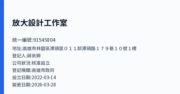 放大設計工作室的照片-統編 91545804(高雄市) 公司登記資料與營業項目詳細圖表