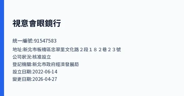 視意會眼鏡行的照片-統編 91547583(新北市) 公司登記資料與營業項目詳細圖表