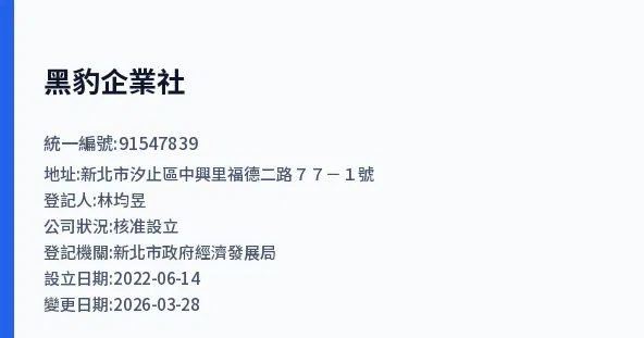 黑豹企業社的照片-統編 91547839(新北市) 公司登記資料與營業項目詳細圖表