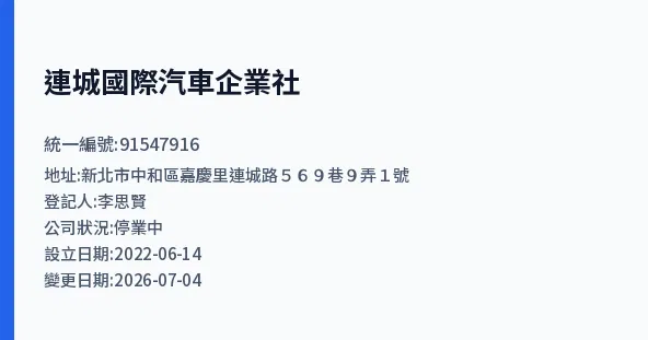 連城國際汽車企業社的照片-統編 91547916(新北市) 公司登記資料與營業項目詳細圖表